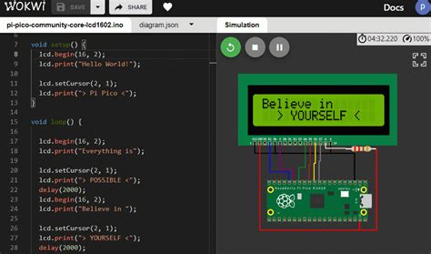 virtual raspberry pi pico simulator to interface lcd1602 to pico