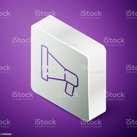 보라색 배경에 격리 된 등색 라인 메가 폰 아이콘 스피커 기호입니다 실버 스퀘어 버튼 벡터 일러스트레이션 휴대용 마이크에 대한 스톡 벡터 아트 및 기타 이미지 Istock