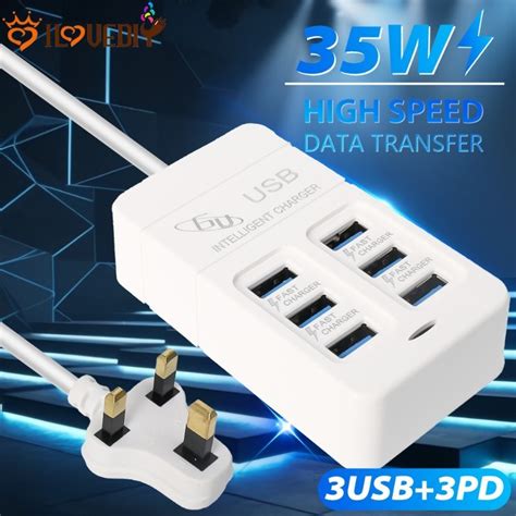 Featured 35W Multi Port USB Charger Socket 6 Ports USB Hub UK EU US Plug Outlet Type C