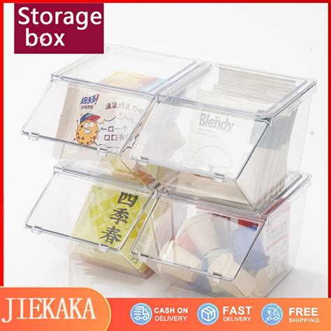 Clear Acrylic Fliptop Lid Desktop Bin Stackable Organizer Coffee Candy Holder Container Box