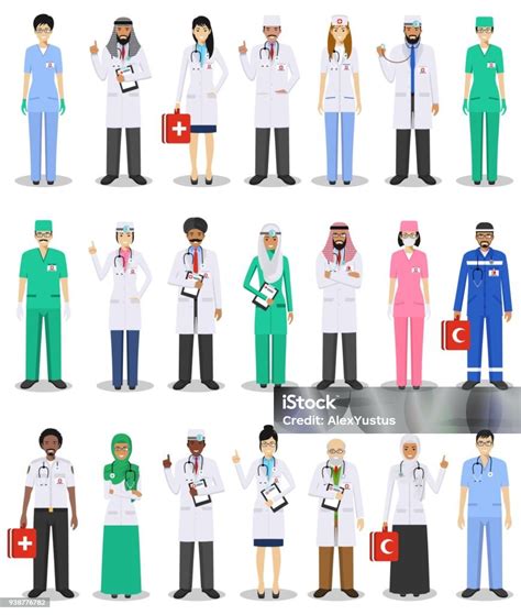국제 의료 개념입니다 의사와 간호사 플랫 스타일 흰색 배경에 고립의 상세한 그림 개업 의사 남자 그리고 다른 위치에 서 있는 여자 벡터 일러스트입니다 의사에 대한 스톡 벡터