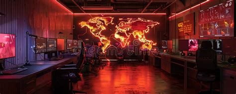 Hightech Cybersecurity Operations Center With World Map Display And Multiple Computer