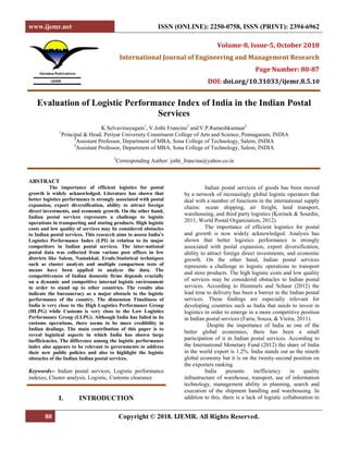 Evaluation Of Logistic Performance Index Of India In The Indian Postal Services PDF