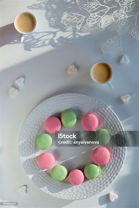 흰색 배경에 겨울 과자 긴 그림자 흰색 접시에 분홍색과 민트 녹색 마카롱 에스프레소 커피 컵 트렌디한 파스텔 색상의 맛있는 크리에이티브 디저트 0명에 대한 스톡 사진 및