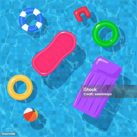 떠 다니는 고리와 매트리스 평평한 벡터가 있는 수영장의 물 평면도 공기 주입에 대한 스톡 벡터 아트 및 기타 이미지 공기 주입 관광 리조트 광고 Istock