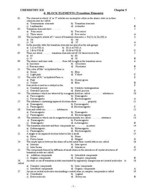 Chemistry Xii Mcqs Pdf Transition Metals Chemical Compounds