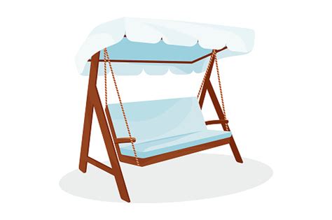 흰색 배경에 고립 된 밧줄 차양 및 부드러운 베개프레임 베란다 스윙 벤치 가구에 매달려있는 고전적인 야외 목재 정원 벡터 일러스트레이션 가구에 대한 스톡 벡터 아트 및 기타