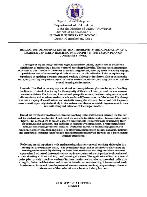 Reflection Learner Centered Pdf Learning Psychological Concepts