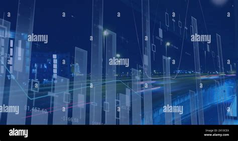 Image Of Multiple Graphs Over Time Lapse Of Vehicles Moving On Modern Bridge In City At Night