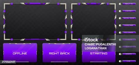 게임 및 라이브 비디오 스트리밍 플랫폼을 위한 메탈릭 블랙 실버 바이올렛 색상 테마의 스트림 오버레이 웹캠 화면 프레임 및 스트림 경고 Gui 패널 Brand Name