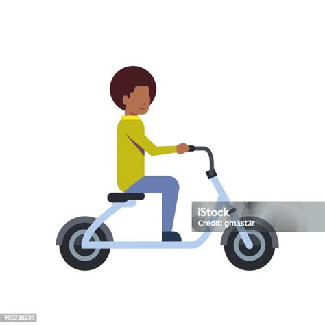 아프리카 소년 흰색 배경 위에 전기 스쿠터를 타고입니다 전기 자전거 컨셉입니다 만화 전체 길이 문자입니다 평면 스타일 건강한 생활방식에 대한 스톡 벡터 아트 및 기타 이미지