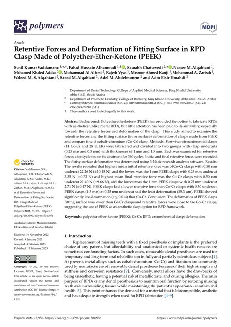 Pdf Retentive Forces And Deformation Of Fitting Surface In Rpd Clasp Made Of Polyether Ether