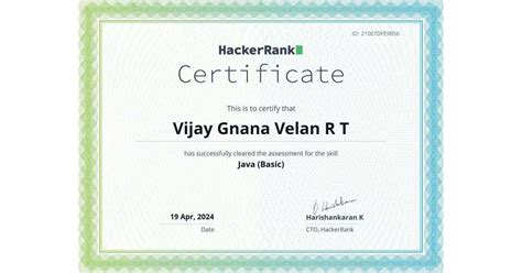 vijay gnana velan r t on linkedin hackerrank skill certificate