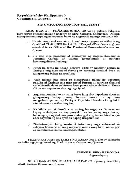 Sinumpaang Kontra Salaysay Irene Peñaredonda Pdf