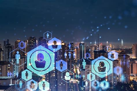 premium photo glowing social media icons on night panoramic city view