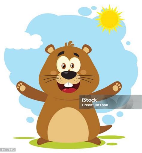 두 팔을 벌려 행복 마 모트 만화 마스코트 문자입니다 배경 그림 평면 디자인 2월에 대한 스톡 벡터 아트 및 기타 이미지 2월 계절 구름 Istock