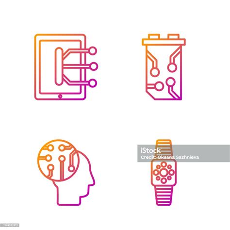 디지털 회로 기판 태블릿 및 비디오 그래픽 카드로 라인 스마트 워치 인간의 두뇌를 설정합니다 그라데이션 색상 아이콘입니다 벡터