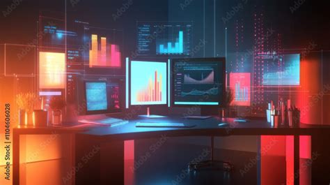 Modern Data Analysis Workspace With Multiple Screens And Graphics Stock Illustration Adobe Stock