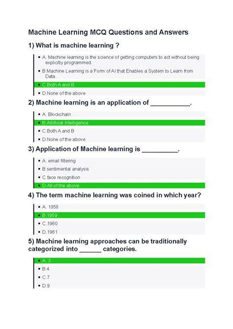 Machine Learning MCQ Questions And Answers Machine Learning Is The Science Of Getting