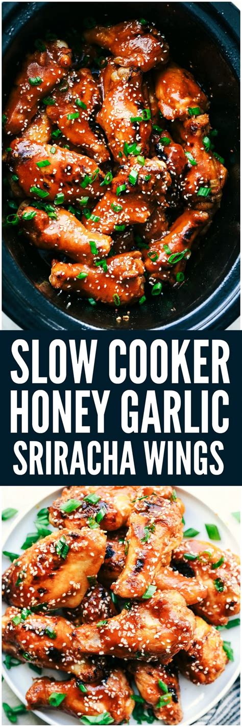 Slow Cooker Honey Garlic Sriracha Wings are super easy to make and have amazing sweet and spicy ...