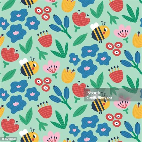 꽃 식물 가지 나뭇잎 자연 꿀벌이 있는 매끄러운 귀여운 벡터 봄 꽃 패턴 귀여운에 대한 스톡 벡터 아트 및 기타 이미지 귀여운 벌 연속무늬 Istock