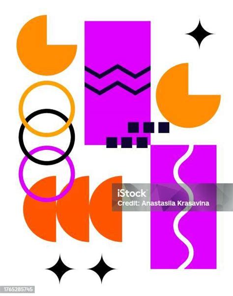 추상적인 기하학적 모양과 순진한 격자가 있는 브루탈리즘 포스터 잔인한 현대 인물 별 타원형 나선형 파도 및 기타 원시적 요소 스위스 디자인 미학 벡터 일러스트 레이 션입니다