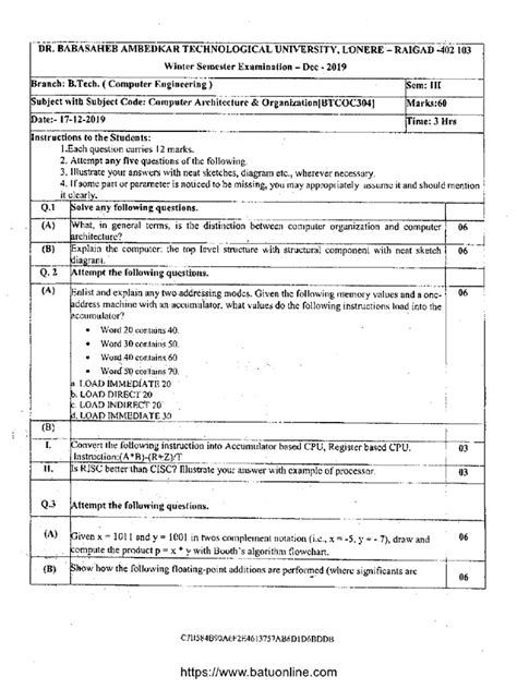 Btech Comp 3 Sem Computer Architecture And Organization Btcoc304 Dec