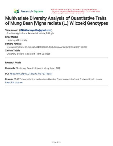 Pdf Multivariate Diversity Analysis Of Quantitative Traits Of Mung Bean [vigna Radiata L