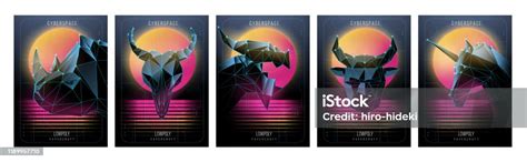 다각형 모델과 80 년대 복고풍 공상 과학 배경 벡터 미래 신디사이저 복고풍 웨이브 일러스트 1980 년대 포스터 스타일 울트라 바이올렛 낮은 폴리 요소와 창조적 인 템플릿