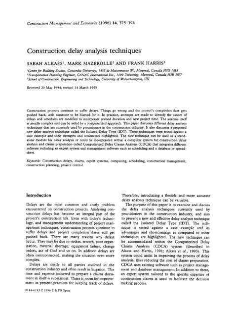 Construction Delay Analysis Techniques Pdf