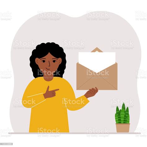 편지가 적힌 열린 봉투를 가진 어린 소녀 텍스트 템플릿에 대한 빈 용지 시트입니다 메일 개념 메시지 알림 초대 보내기 메시지에