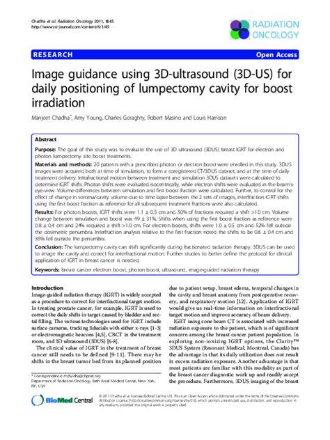 Pdf Image Guidance Using 3d Ultrasound 3d Us For Daily Positioning