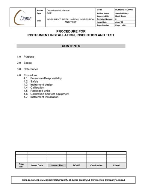 Domeinstsop002 R00 Instrument Installation And Testing Pdf Pipe Fluid Conveyance Calibration