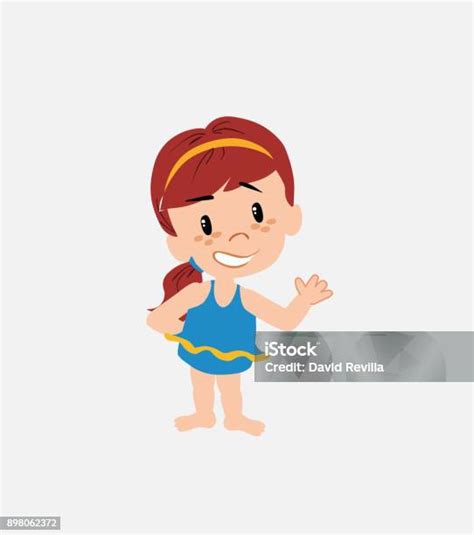 Jeune Fille Blanche Dans Un Maillot De Bain Montrant Quelque Chose Dans