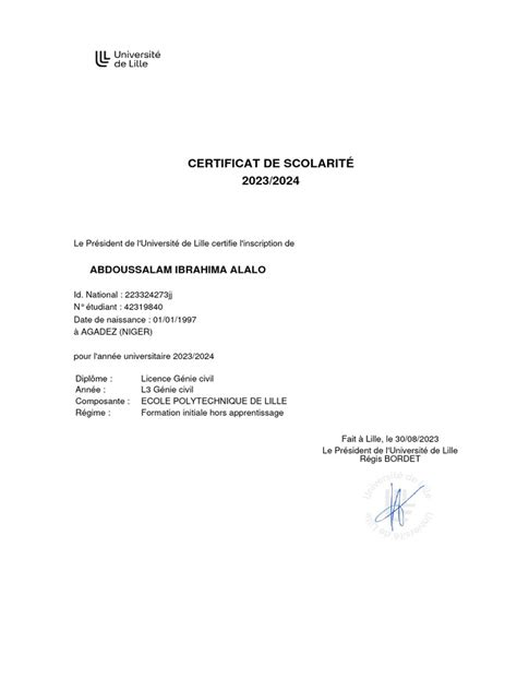 Certificat De Scolarité 3gencv 2023 2024 Abdoussalam Ibrahima Alalo Pdf