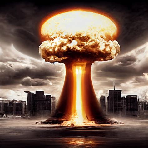 폐허가 된 도시에 원자 폭탄 폭발 세계 대전 종말 아마겟돈 핵폭탄 수소 프리미엄 사진