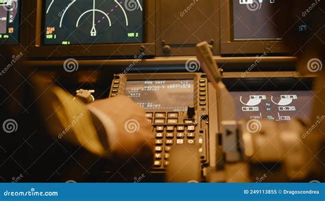 Captain Inserting Destination Coordinates On Cabin Dashboard Stock Image Image Of Navigation