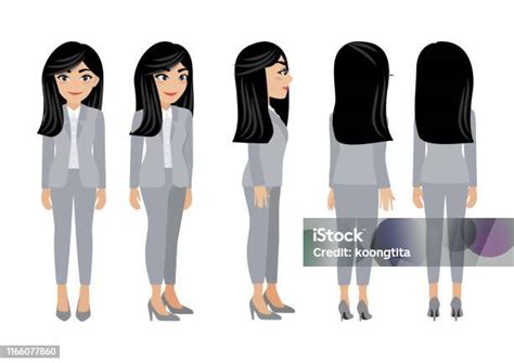 비즈니스 여자와 만화 캐릭터입니다 전면 측면 후면 34 뷰 애니메이션 캐릭터 플랫 벡터 그림입니다 감정에 대한 스톡 벡터 아트