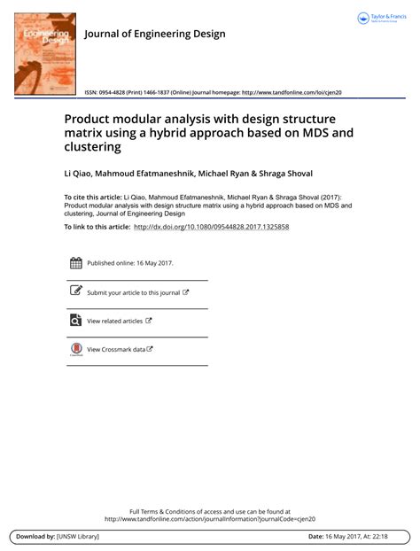 Pdf Product Modular Analysis With Design Structure Matrix Using A