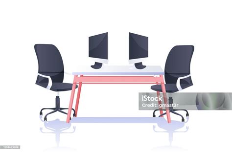 흰색 배경 수평으로 격리 된 노트북과 안락 의자가있는 사무실 작업장 책상 0명에 대한 스톡 벡터 아트 및 기타 이미지 0명 가구 개념 Istock