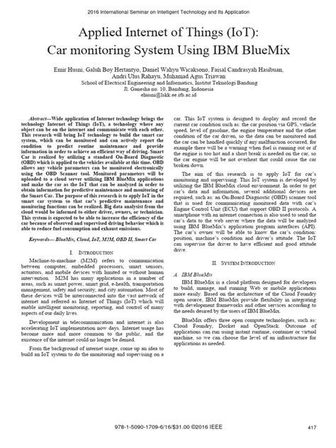 Ieee Applied Internet Of Things Iot Car Monitoring System Using Ibm Bluemix Pdf