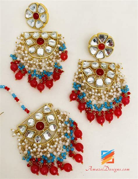 Kundan Hot Pink Kundan Earrings Tikka Set Amazel Designs