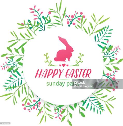 봄 부활절 꽃 장식으로 배너 디자인 서식 파일 잔 가지 잎 허브 식물의 장식 라운드 프레임 기호 및 토끼 꽃 요소와 부활절 휴가 대 한 초대 가로수에 대한 스톡 벡터 아트