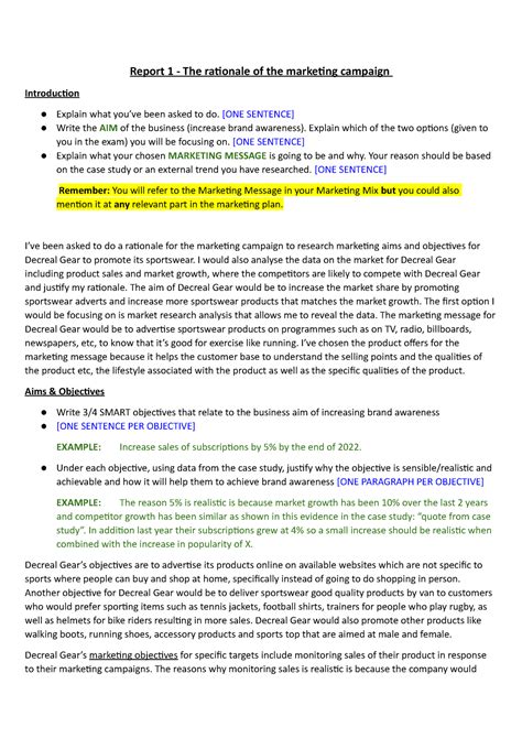 Report 1 Template Rationale Of The Marketing Campaign Report 1 The Rationale Of The