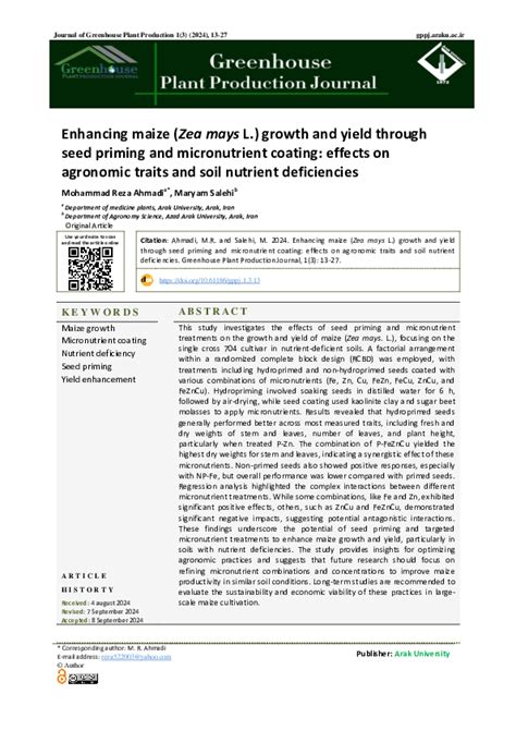 Pdf Enhancing Maize Zea Mays L Growth And Yield Through Seed Priming And Micronutrient