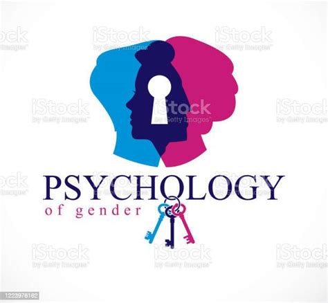 남녀 가 문고로 만든 성 심리학 개념은 이해의 열쇠와 함께 프로필과 열쇠 구멍 벡터 로고 또는 관계 문제와 가족과 사회의 갈등의 그림 머리에 대한 스톡 벡터 아트 및 기타
