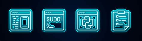 체크리스트가 있는 라인 소프트웨어 코드 터미널 파이썬 프로그래밍 언어 및 클립보드를 설정합니다 빛나는 네온 아이콘 벡터 비단뱀에