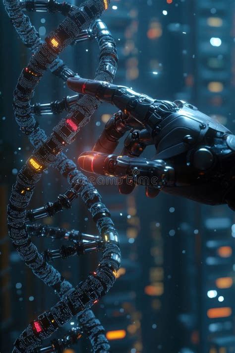 Futuristic Robotic Hand Interacting With A Digital Dna Helix Symbolizing Advanced Technology
