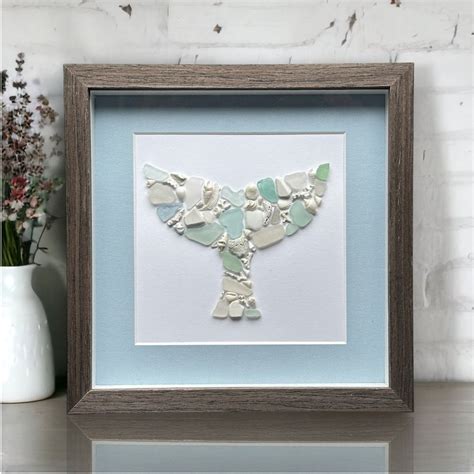 Aqua Sea Glass Mosaic Whale Tail With Coral Shells And Pottery Picture