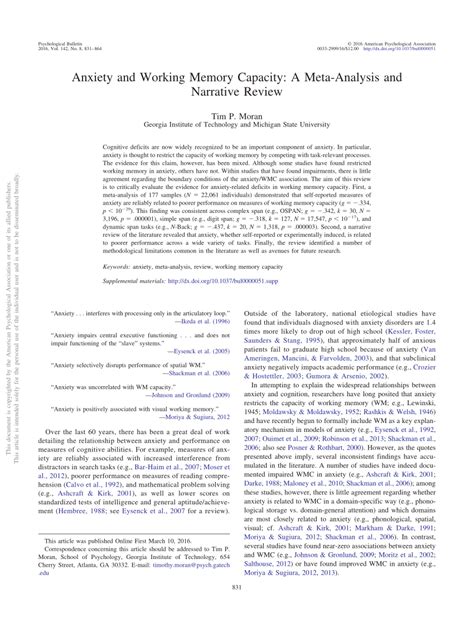 Anxiety And Working Memory Capacity A Meta Analysis And Narrative Review